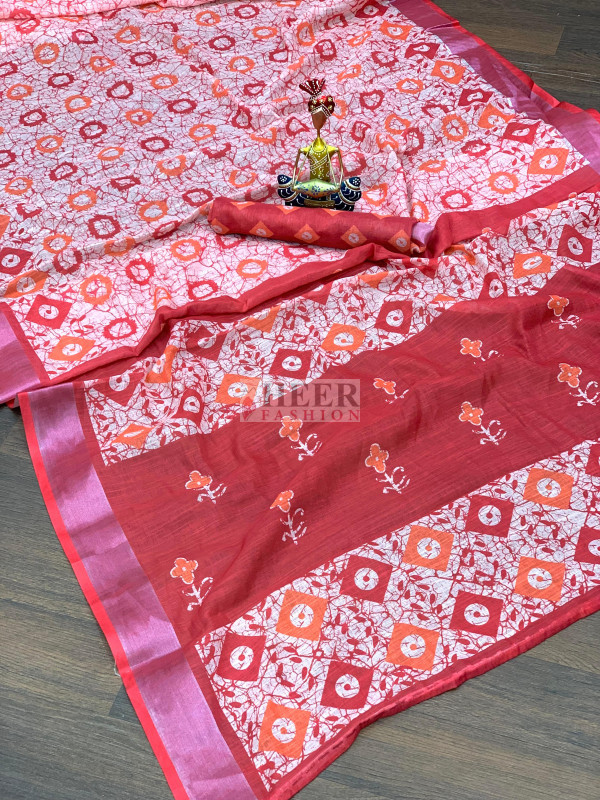 Pink flowy linen cotton saree with batik printed work