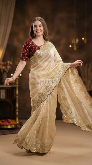 Beige fancy jimmy choo satin silk saree with sequence work