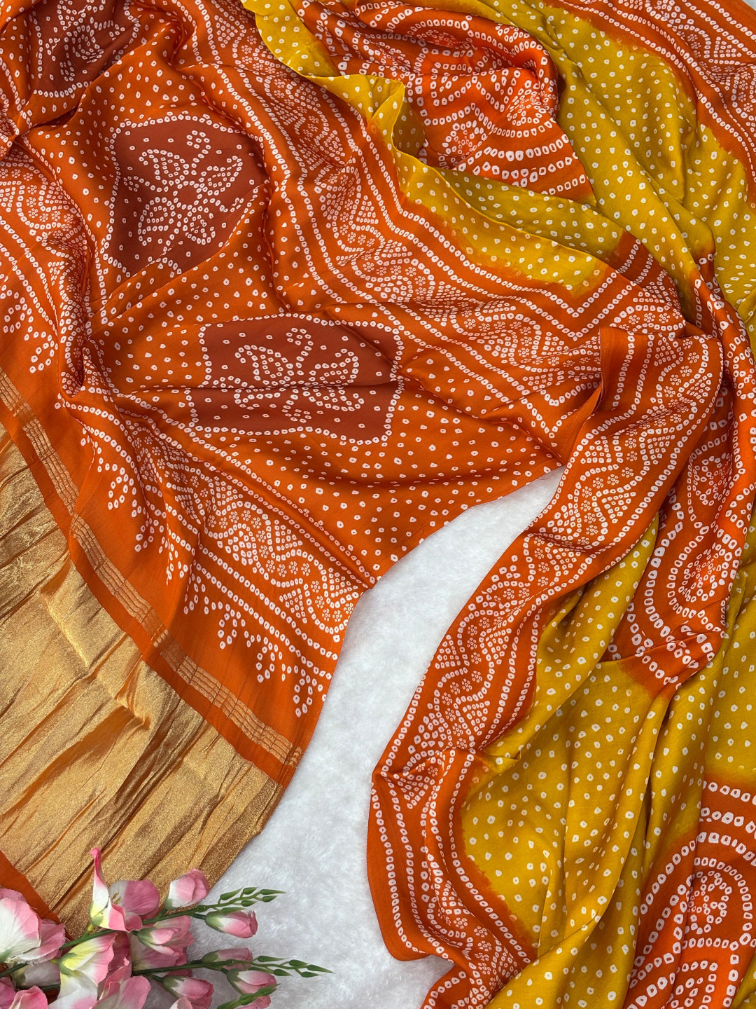 Multi color pure gajji silk saree with bandhej print and lagadi pallu work