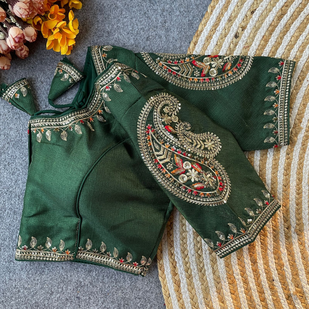 Heavy embroidery bridal work green color blouse