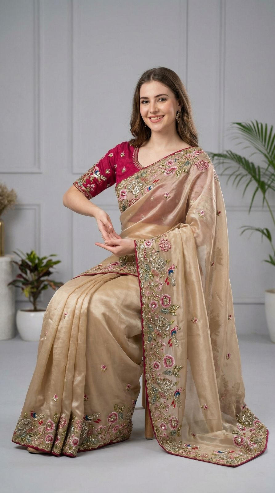 Beige jimmy choo saree with thread work and sequence work with Ready made blouse
