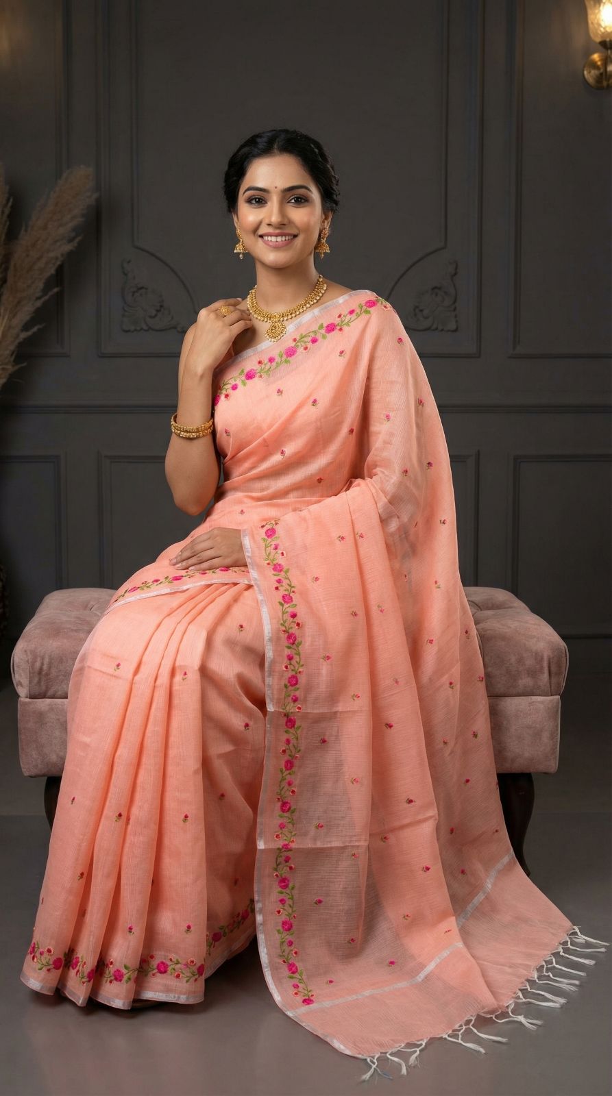 Peach kota doriya saree with silver zari border embellished with floral ...