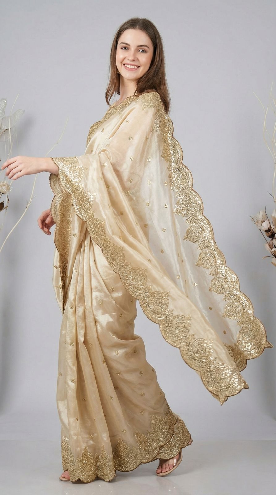 Beige fancy jimmy choo satin silk saree with sequence work and Ready ...