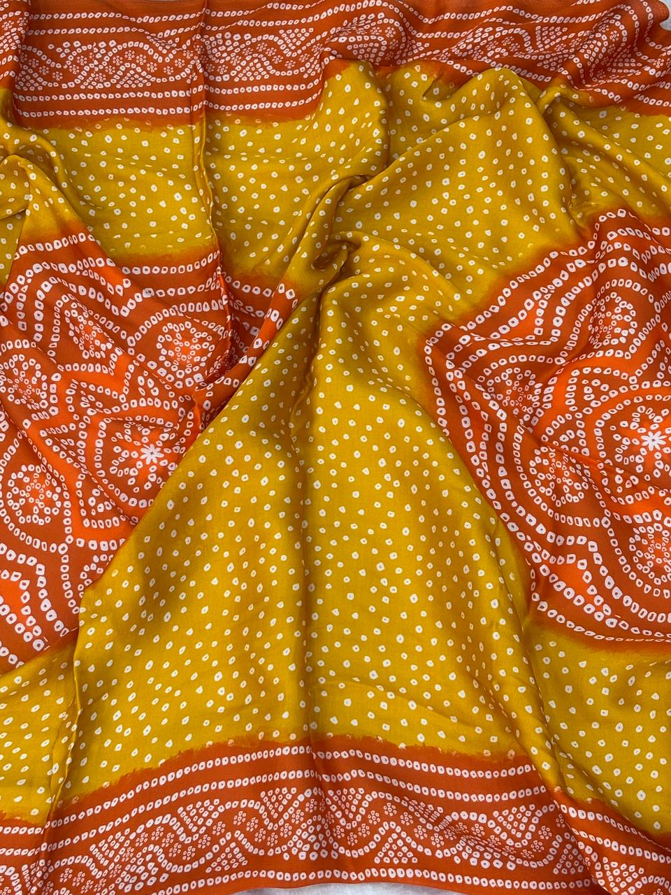 Multi color pure gajji silk saree with bandhej print and lagadi pallu work