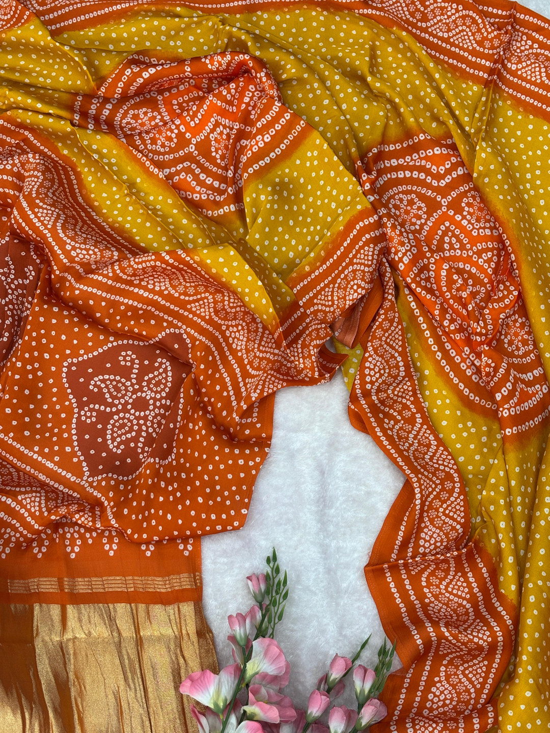 Multi color pure gajji silk saree with bandhej print and lagadi pallu work