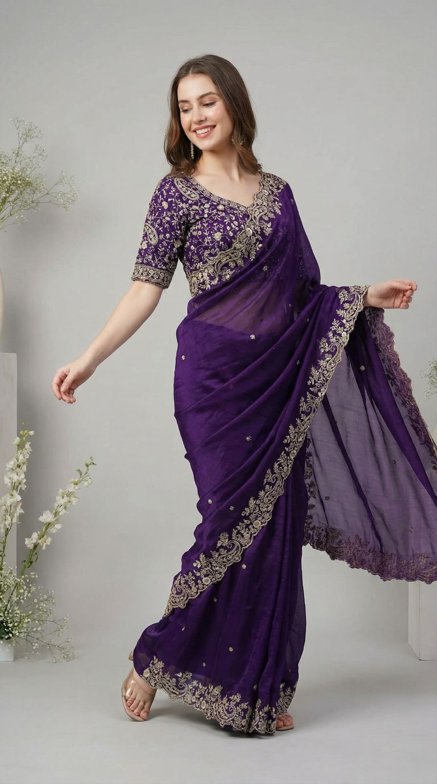 Purple fancy fandy satin silk saree with sequence work and Ready made ...
