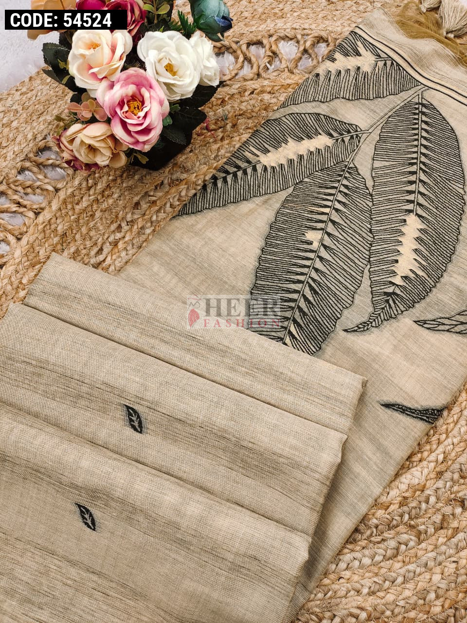 Beige premium ghicha cotton saree with resham weaving leaf pallu and ...